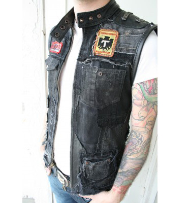 Bone Black Denim Leather Patch Vest : Delicious Boutique