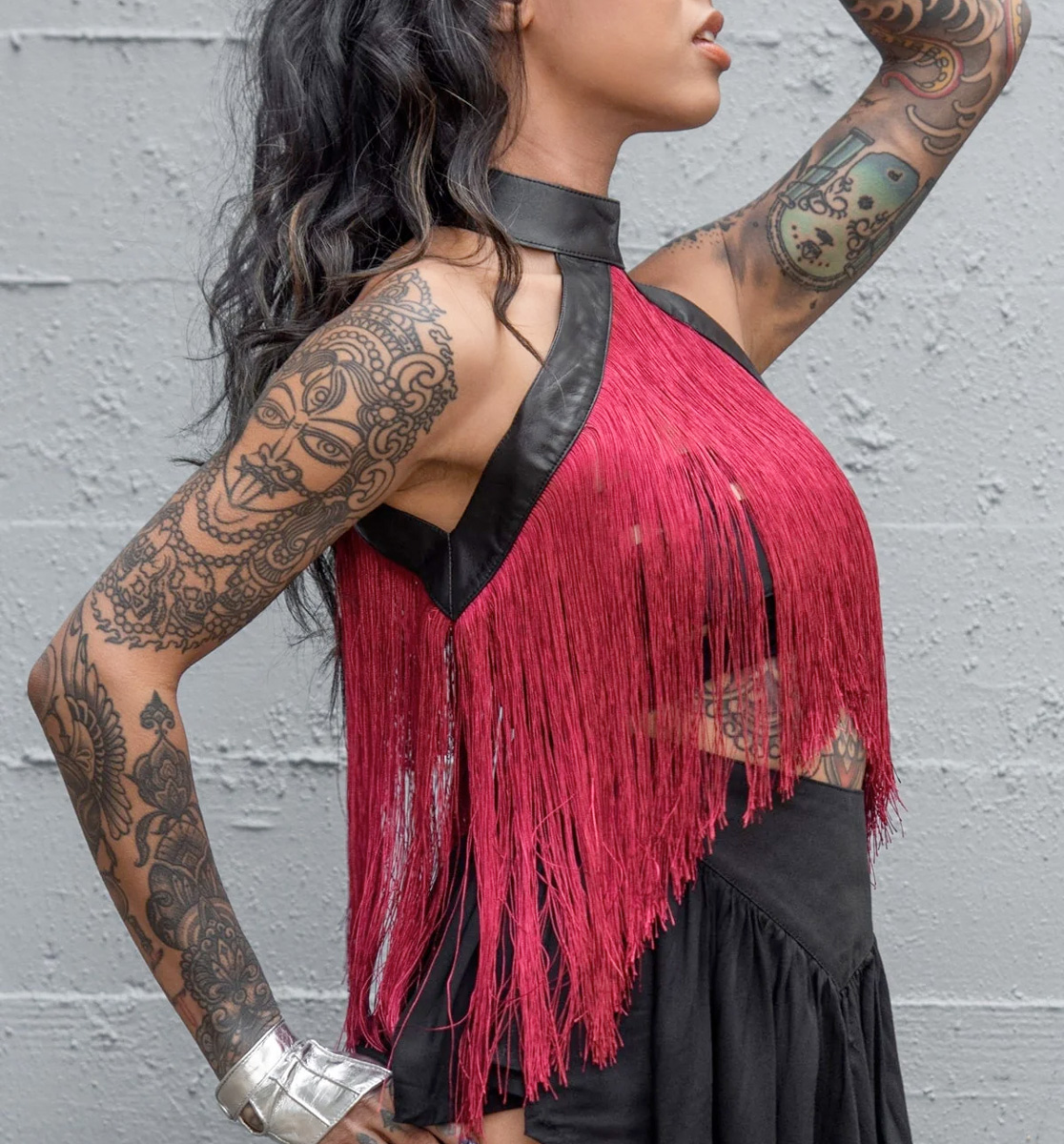 5 & D Fringe Halter - Leather Black/Red : Delicious Boutique