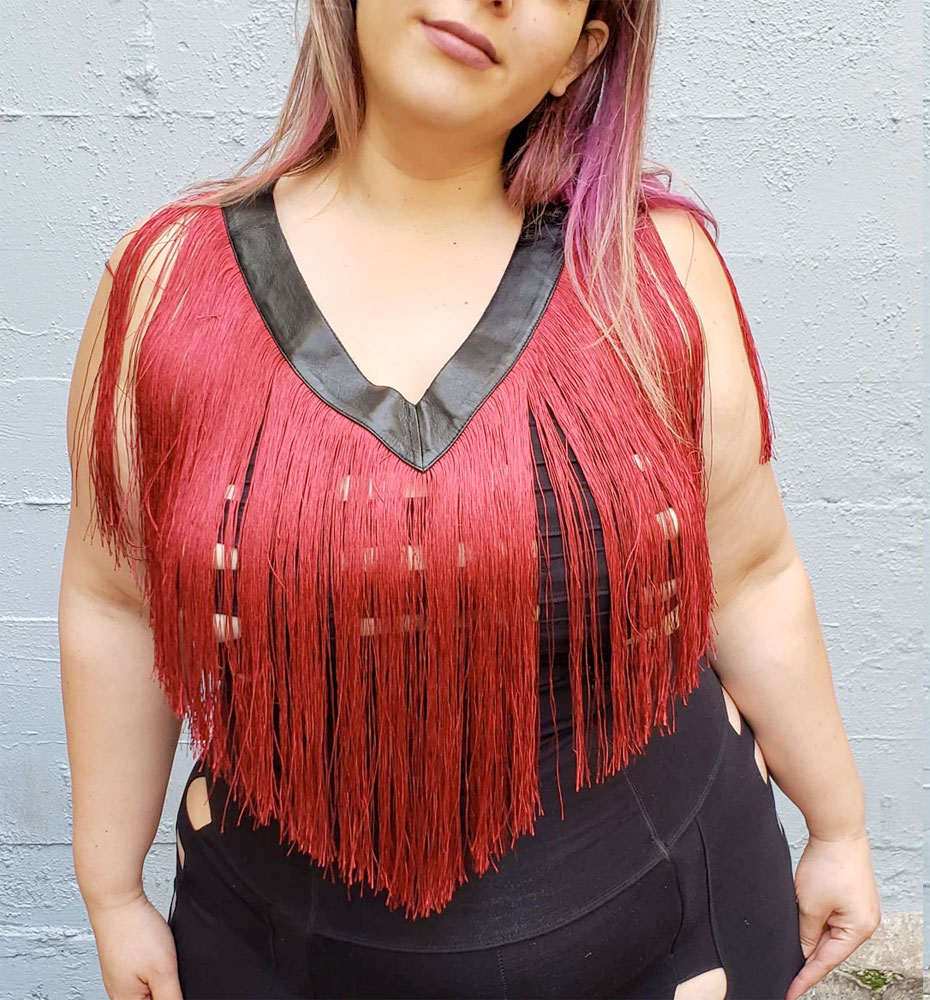 5&D Fringe V-Neck - Leather Black/Red : Delicious Boutique